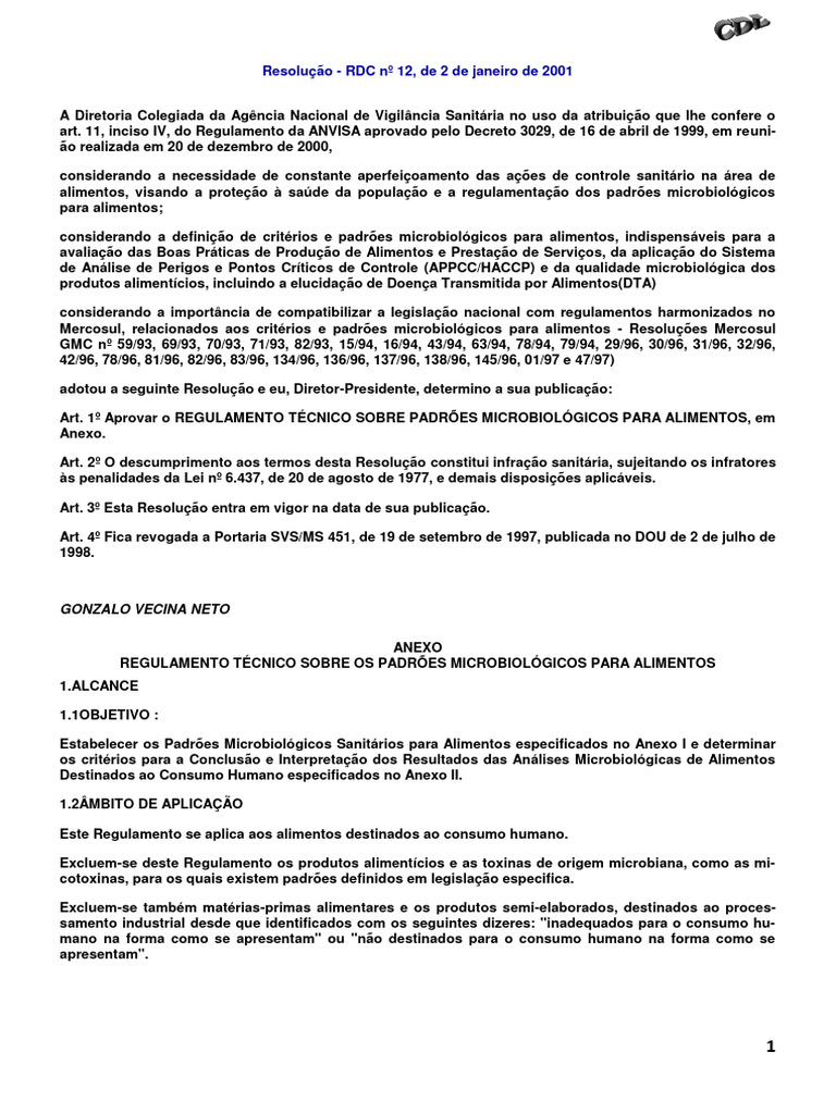 RDC 12 Padroes Sanitarios | Download grátis PDF | Análise de perigos e pontos críticos de ...