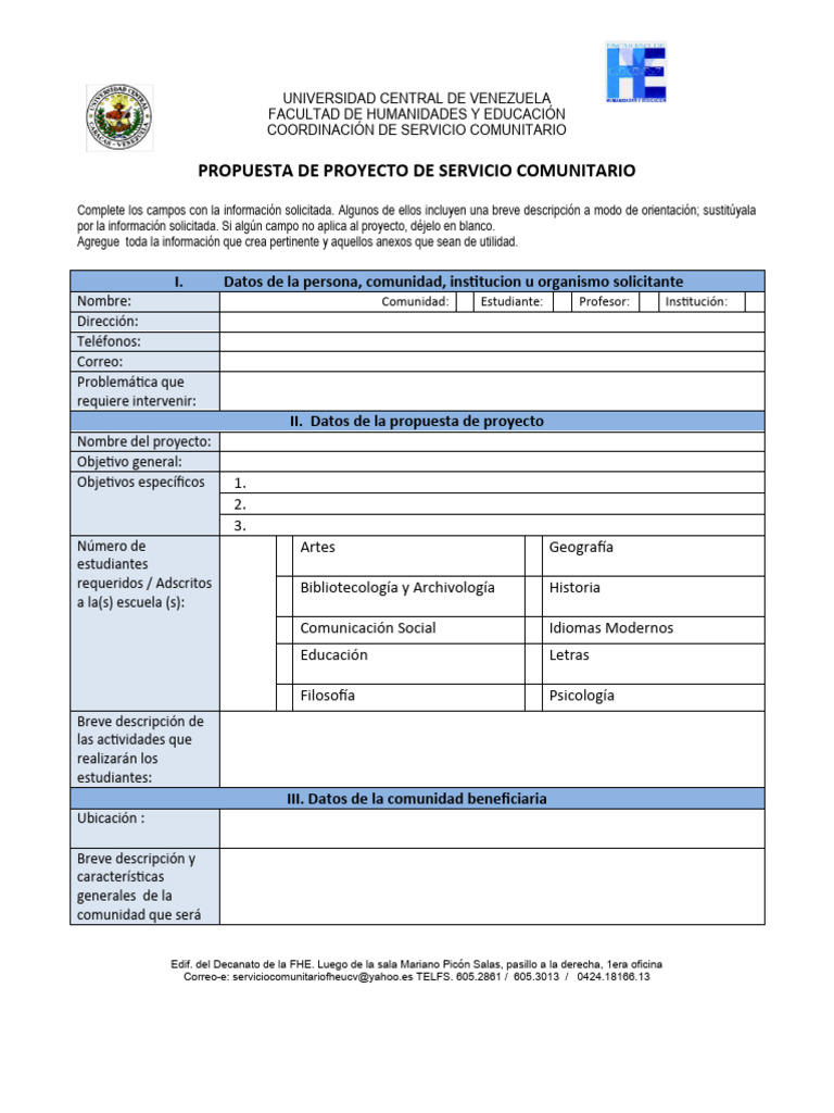 Propuesta de Proyecto de Servicio Comunitario: I. Datos de La Persona, Comunidad, Institucion U ...