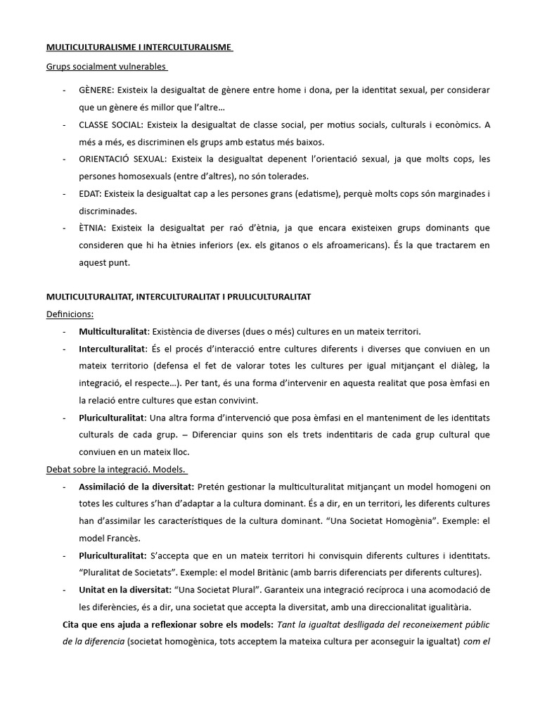 Multiculturalisme I Interculturalisme (Fet) | PDF