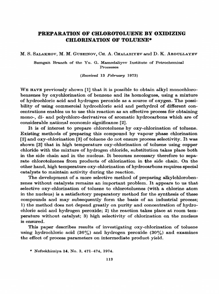 Preparation of Chlorotoluene by Oxidizing Chlorination of Toluene | PDF ...