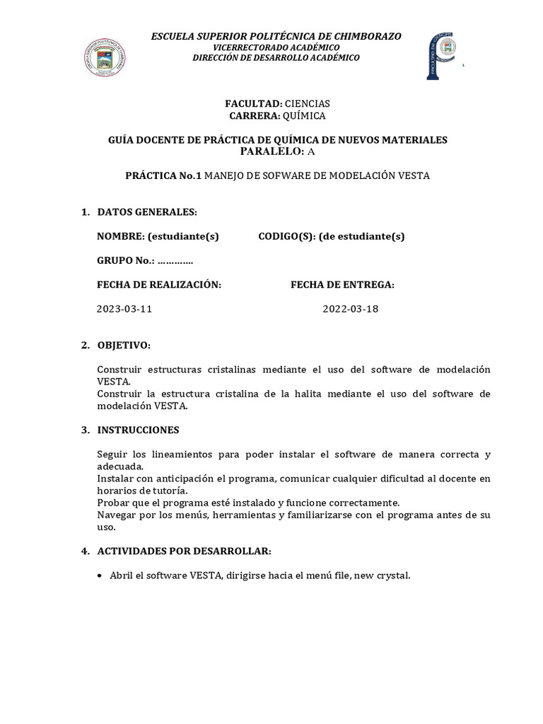 FORMATO LABORATORIO 1 Cap 1 Manejo de Sofware de Modelación - VESTA 23 - 23 Estructura y Vis ...