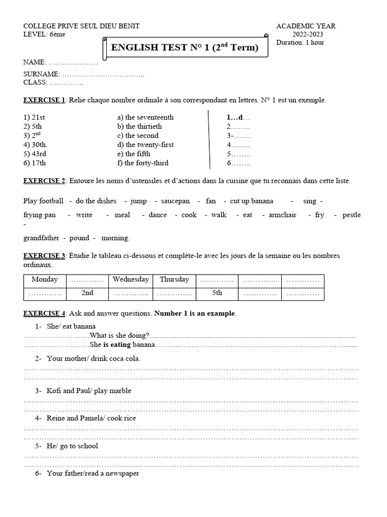 Devoir Anglais 6e | PDF | Cuisine | Foods