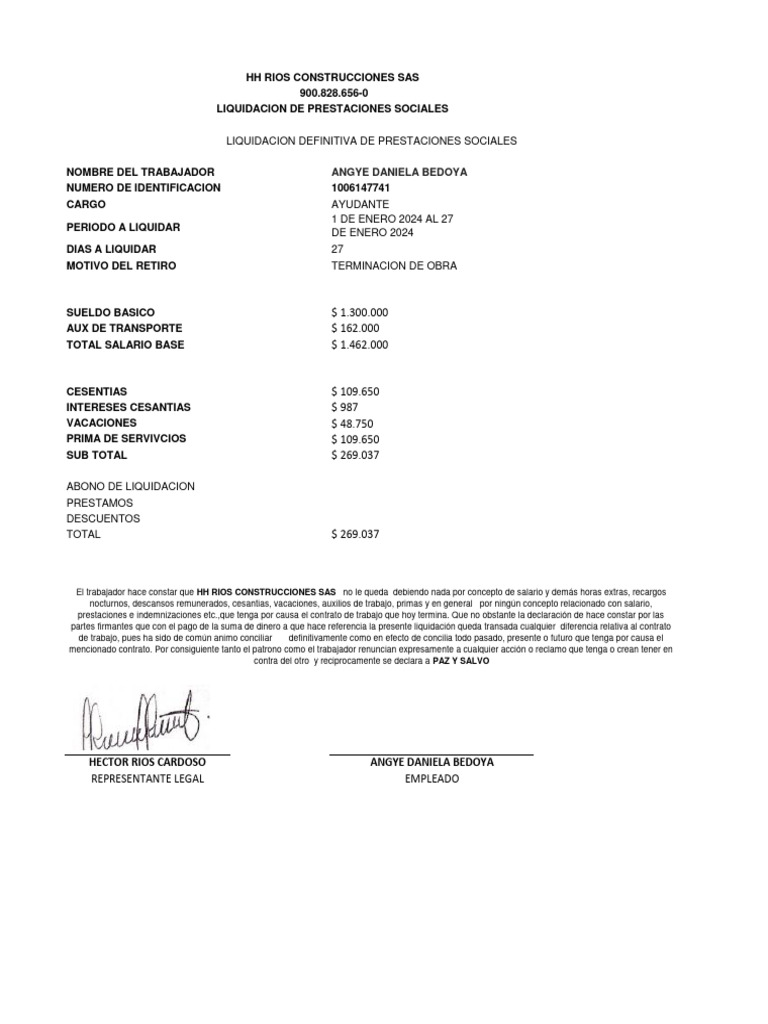 Liquidación de Sueldo de Daniela Bedoya | PDF | Salario | Economias