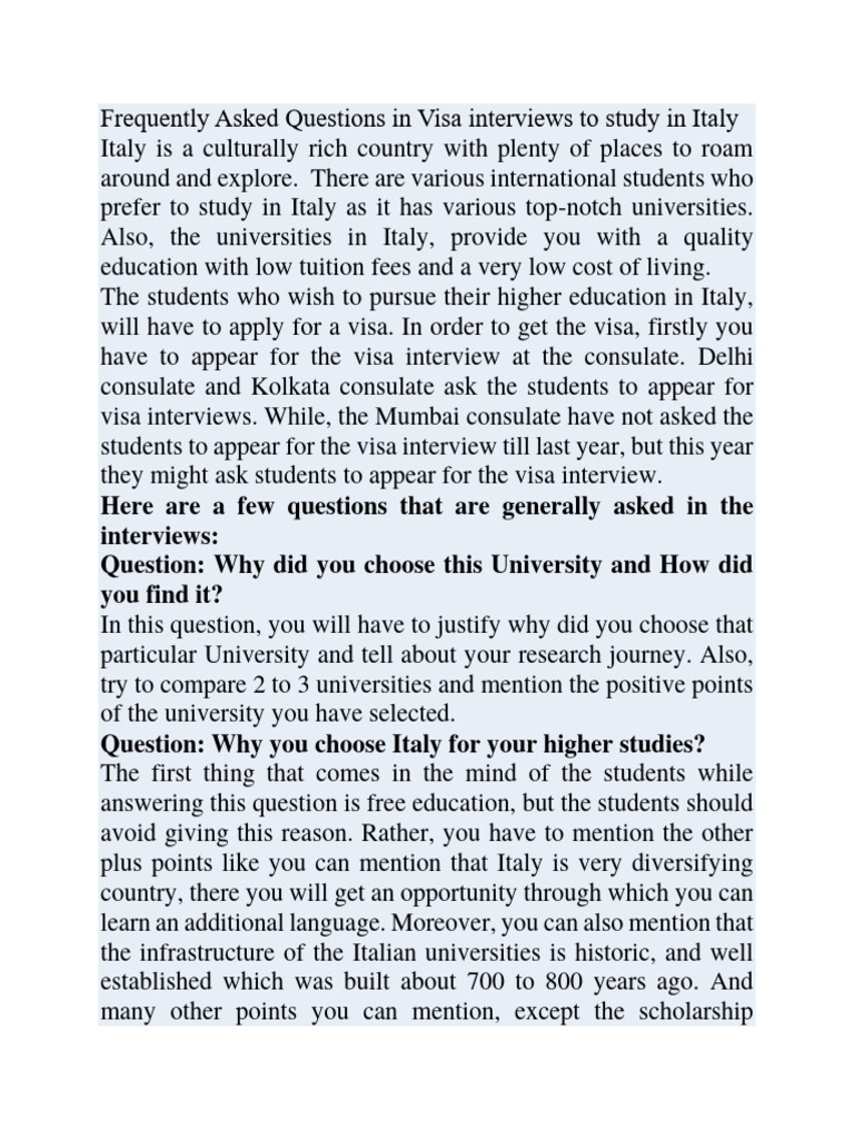 Italy Study Visa Interview Guide | PDF | Cost Of Living | Motivation