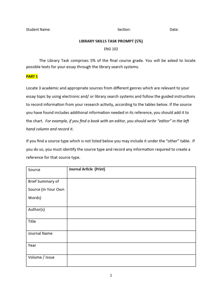 ENG 102 Library Task Prompt Parts 1 and 2 | PDF | Academic Journal | Books