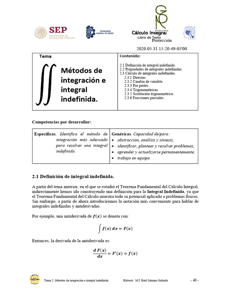 S d4 Librocálculointegral Tema 2dos2 Ps2019 Defi F | PDF | Integral | Derivado