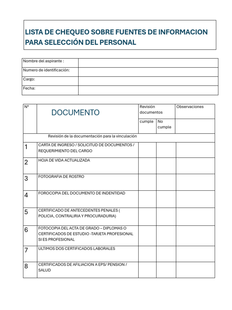 Lista de Chequeo para Vinculación Laboral | PDF