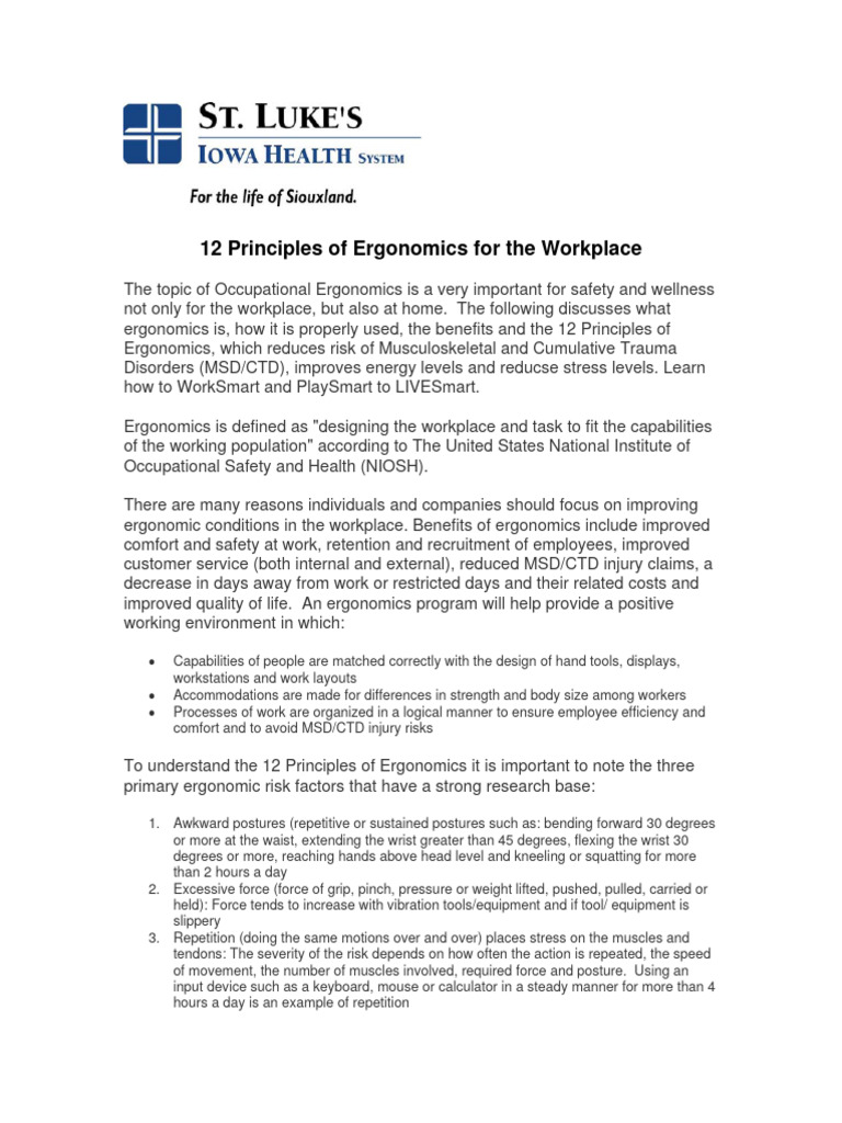 12 Principles Of Ergonomics For The Workplace Pdf Human Factors And