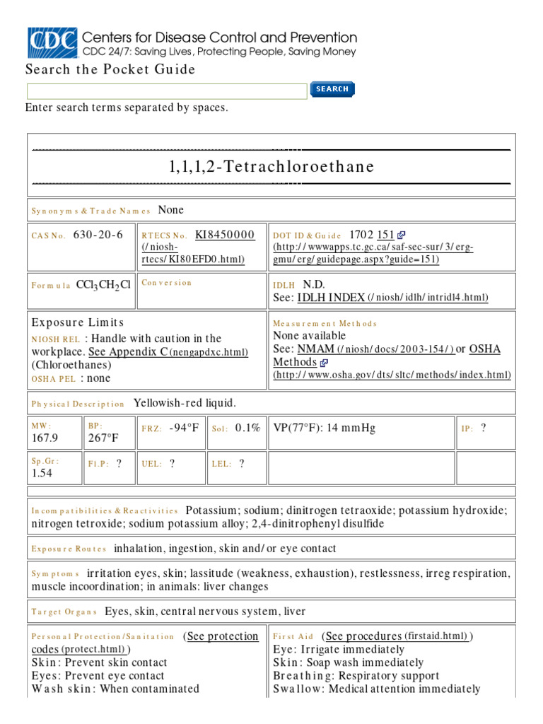 CDC - NIOSH Pocket Guide To Chemical Hazards - 1,1,1,2-T | PDF ...