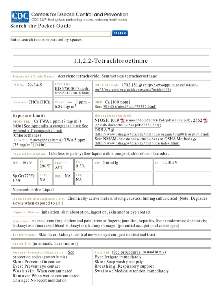 CDC - NIOSH Pocket Guide To Chemical Hazards - 1,1,2,2-T | PDF