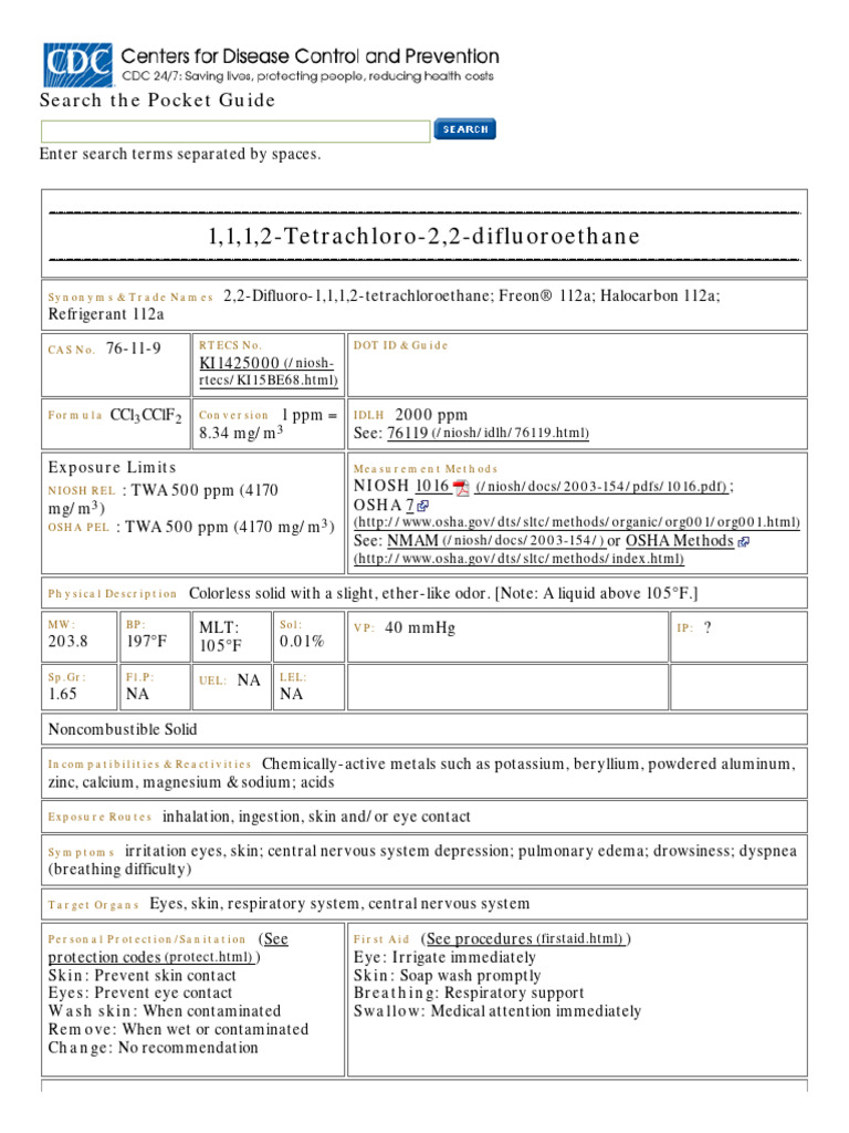 CDC - NIOSH Pocket Guide to Chemical Hazards - 1,1,1,2-Tetra | PDF ...