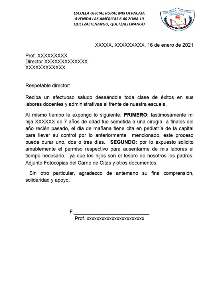 Solicitud De Permiso Escuela Pdf