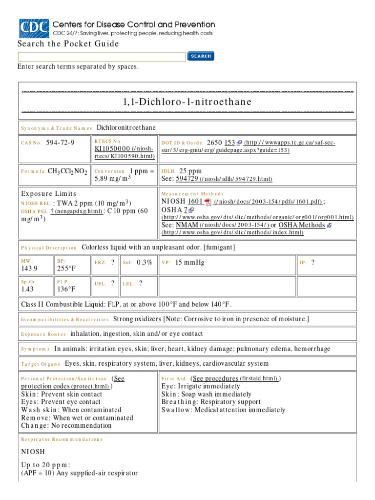 CDC - NIOSH Pocket Guide To Chemical Hazards - 1,1-Dichloro | PDF ...