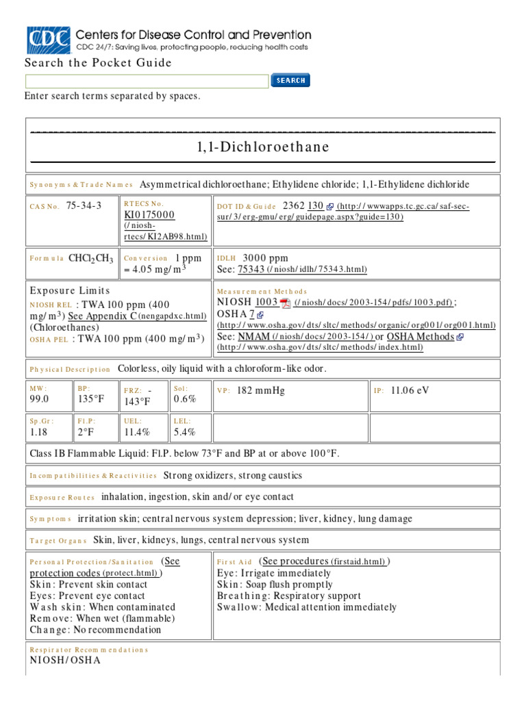 CDC - NIOSH Pocket Guide To Chemical Hazards - 1,1-Dichloroe | PDF ...