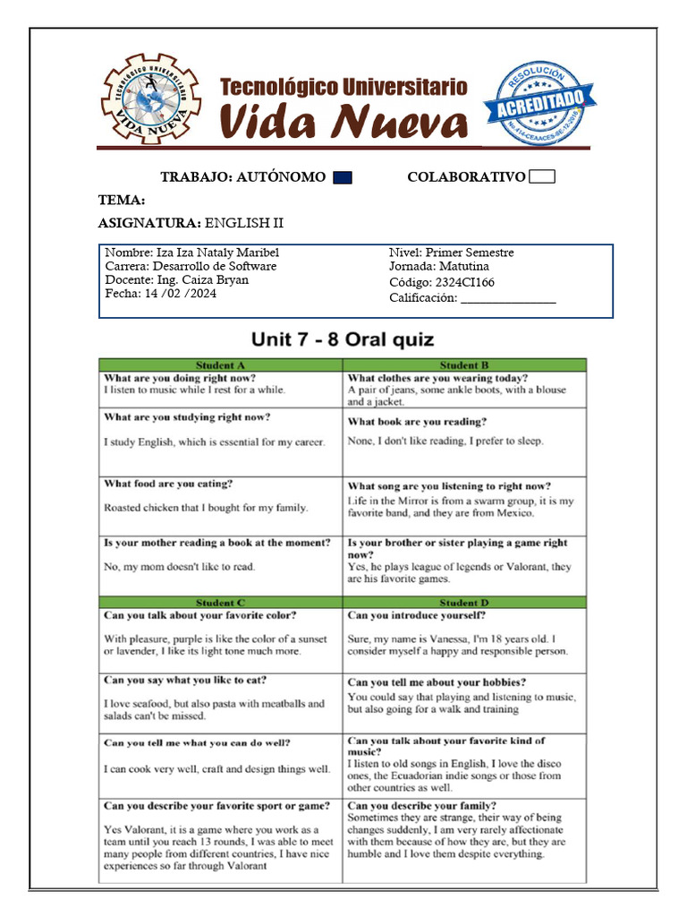 Oral Quiz Unit 7-8 | PDF Oral Quiz Unit 7-8 | PDF