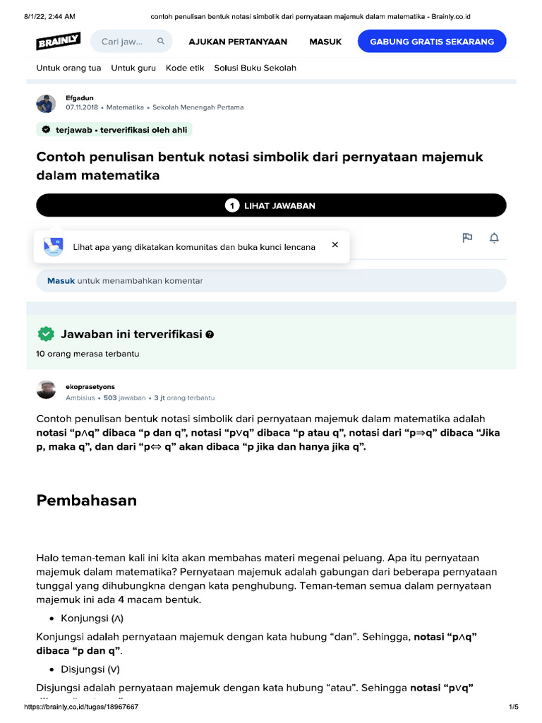 Contoh Penulisan Notasi Dari Pernyataan Majemuk | PDF