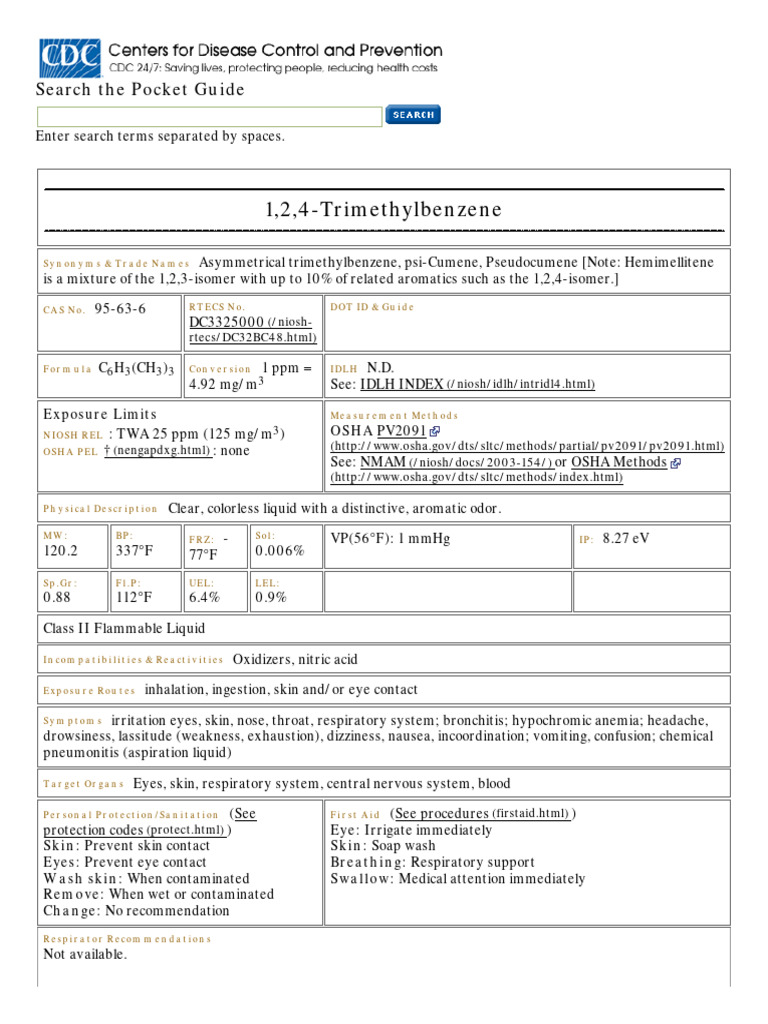 CDC - NIOSH Pocket Guide To Chemical Hazards - 1,2,4-Trimeth | PDF