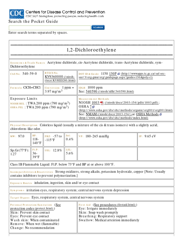 CDC - NIOSH Pocket Guide To Chemical Hazards - 1,2-Dichloroe | PDF ...