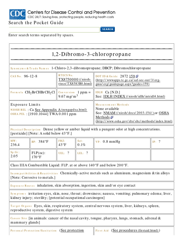 CDC - NIOSH Pocket Guide To Chemical Hazards - 1,2-Dibromo-3 | PDF