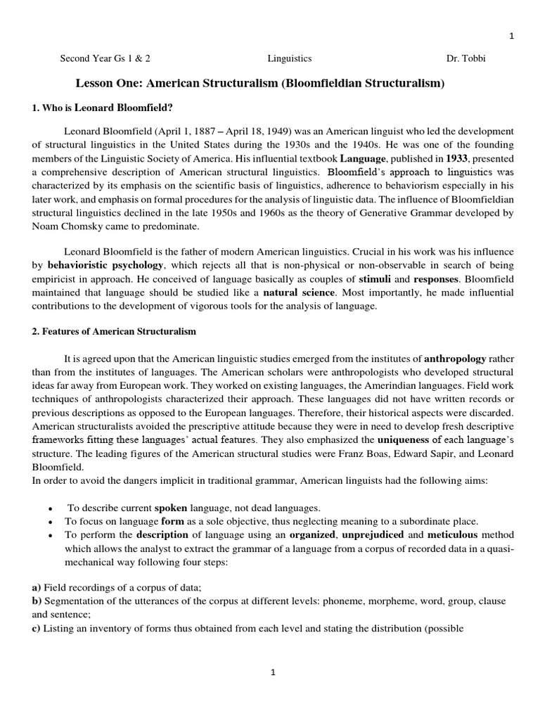 Lesson One Second Semester Bloomfield Structuralism | PDF | Linguistics ...