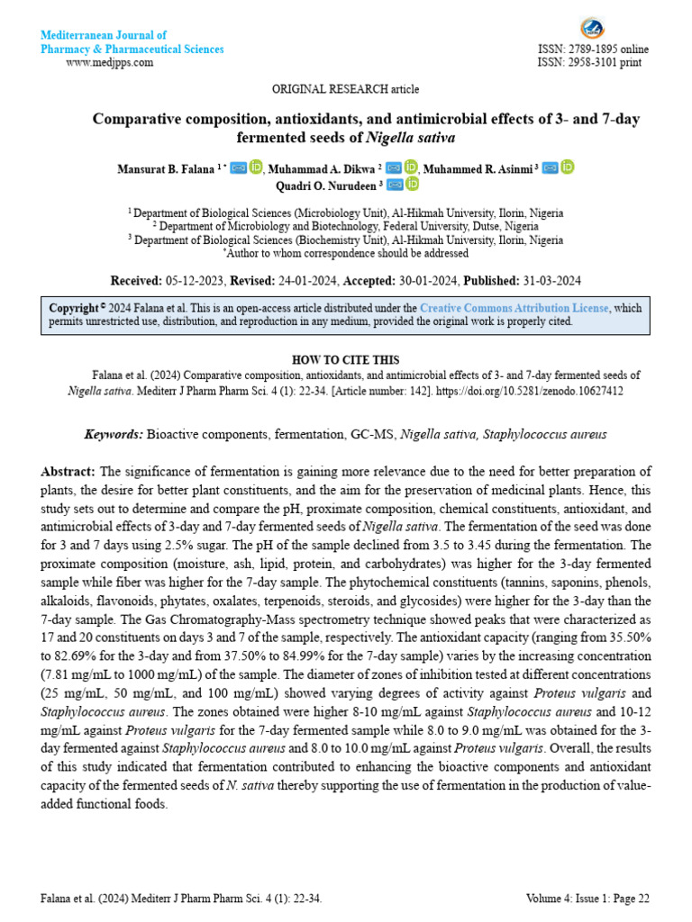 Comparative composition, antioxidants, and antimicrobial effects of 3- and 7-day fermented seeds ...