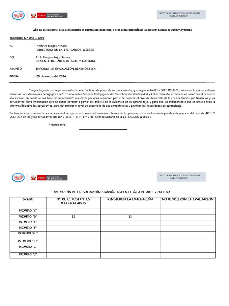 Informe Sobre La Evaluacion Diagnostica Arte Y Cultura 2024 Pdf 8483