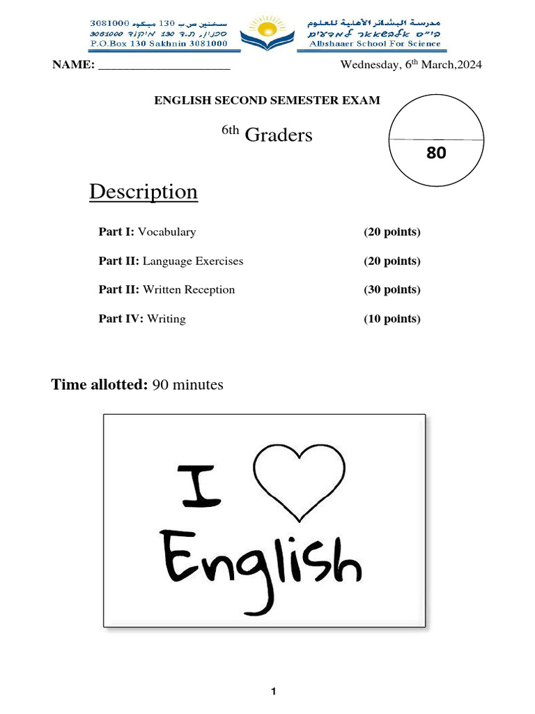 2nd Semester 6th Grade Exam 24 | PDF