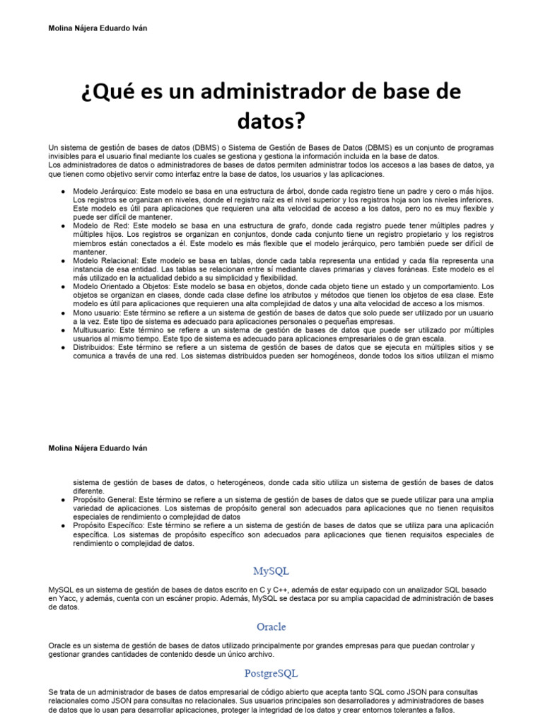 SGBD MolinaNajeraEduardoIvan | PDF | Mi sql | Bases de datos