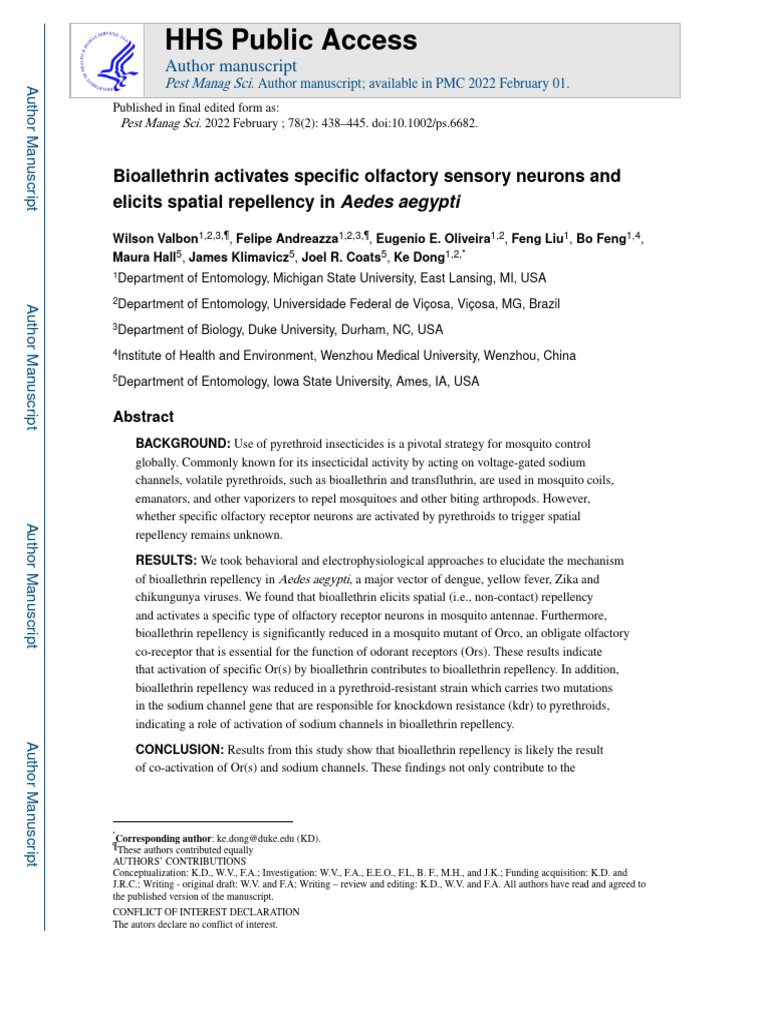Valbon 2022. Bioallethrin Activates Specific Olfactory Sensory Neurons ...