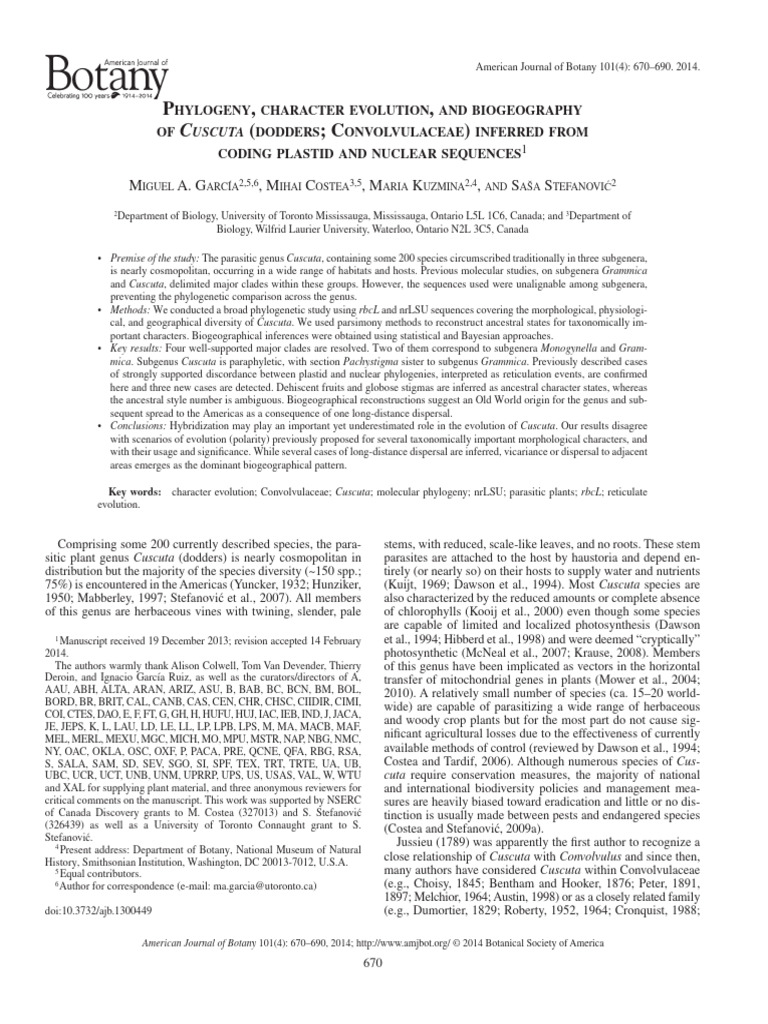 American J of Botany - 2014 - Garc A - Phylogeny Character Evolution and Biogeography of Cuscuta ...