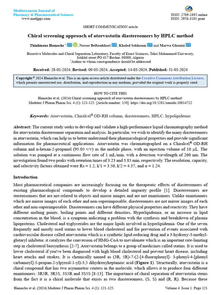 Chiral Screening Approach of Atorvastatin Diastereomers by HPLC Method ...