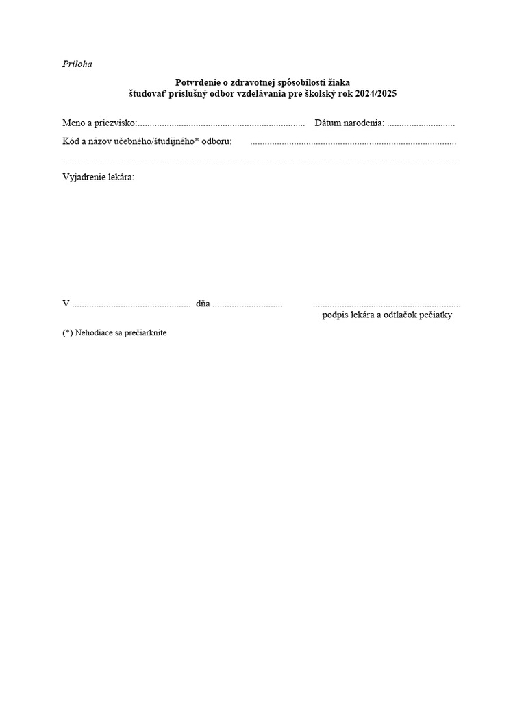 Potvrdenie o Zdravotnej Spôsobilosti Žiaka Študovať Príslušný Odbor Vzdelávania Pre Školský Rok ...