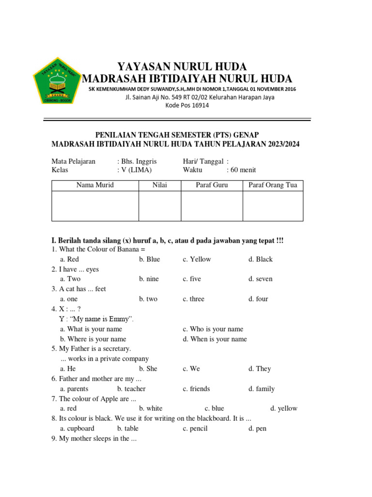 Soal PTS Smester 2 Kelas 5-1 | PDF