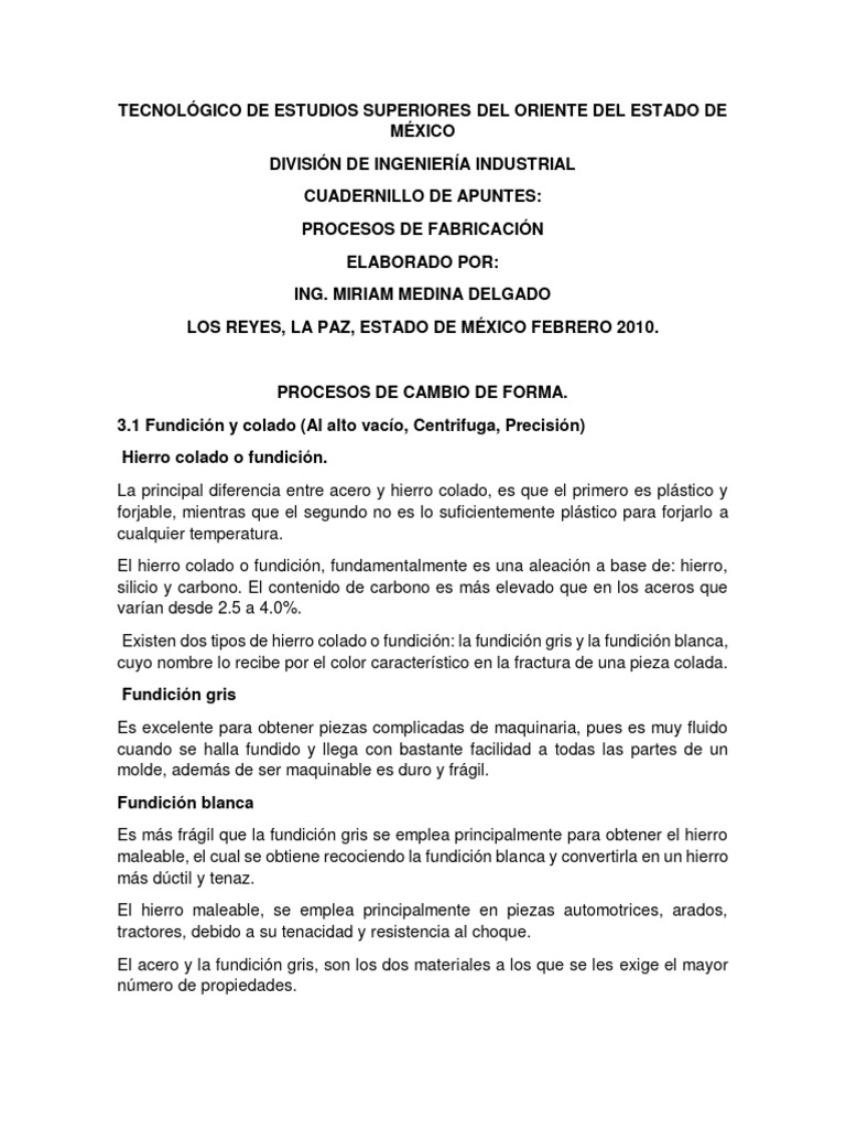 Lectura 5. Procesos de Cambio de Forma | PDF | Hierro fundido | Extrusión