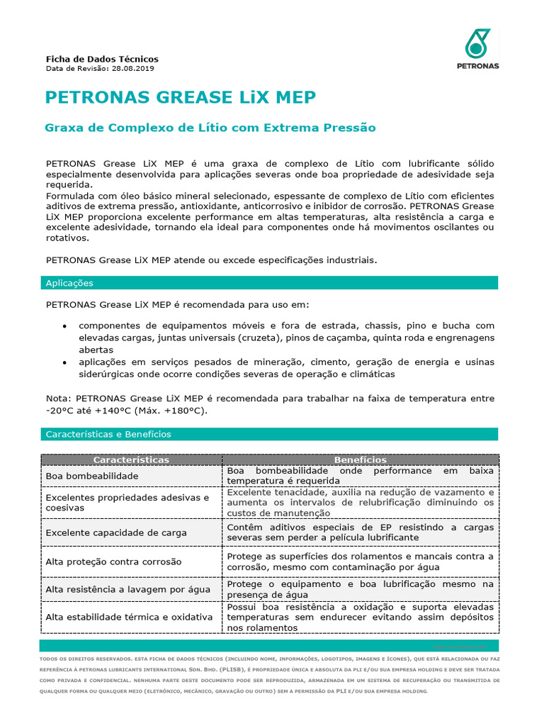 PETRONAS GREASE LiX MEP TDS BR | PDF | Lítio | Corrosão