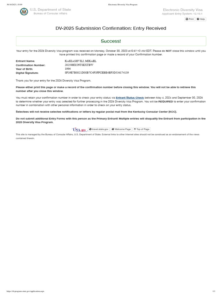 DV-2025 Diversity Visa Entry Confirmation | PDF | Travel Visa