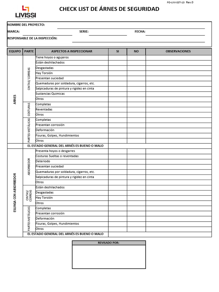 Fo 13 Check List Arnes de Seguridad | Descargar gratis PDF | Materiales ...