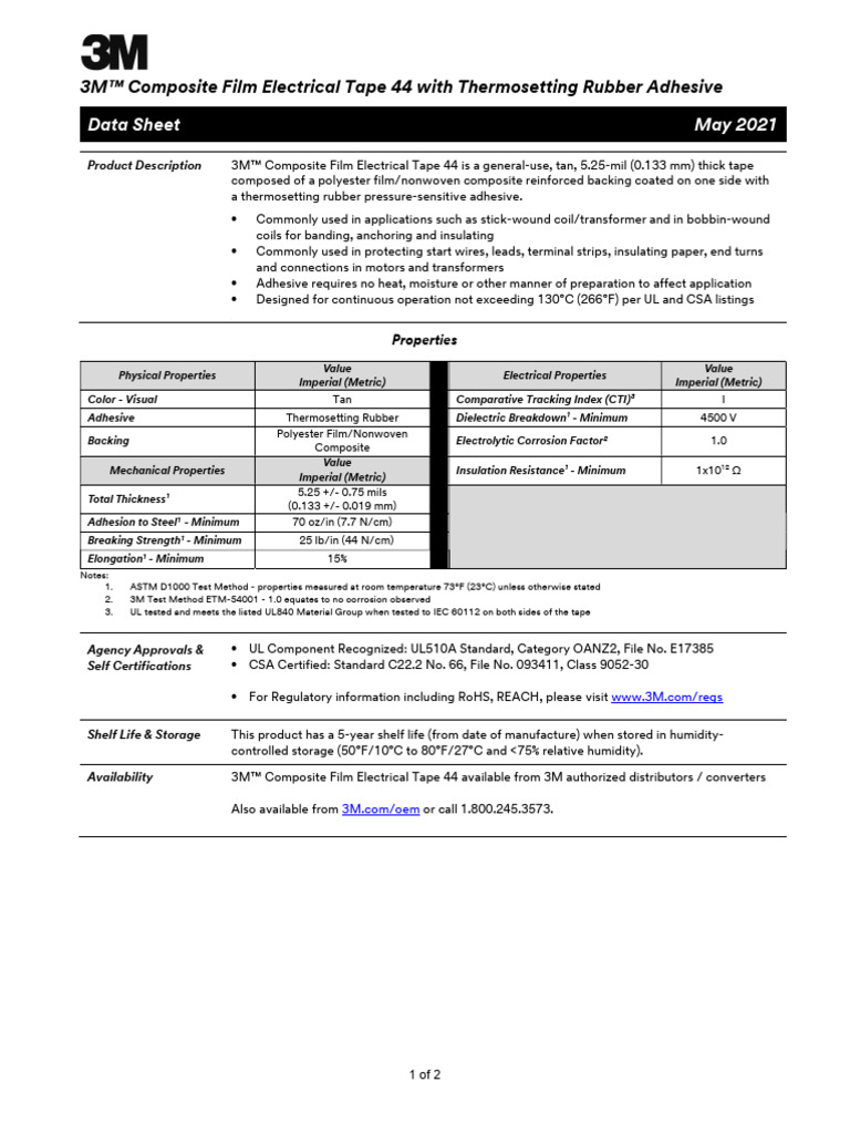 3M - Composite Film Electrical Tape 44 - Data Sheet - 78-8124-4753-6-E | PDF | Adhesive ...