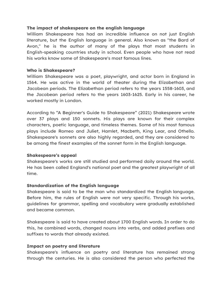 Shakespeare's Impact on English Language | PDF | William Shakespeare | Word