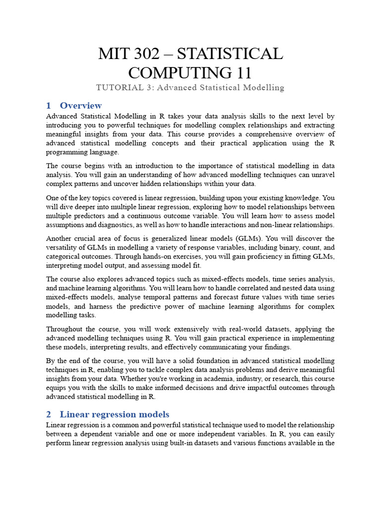 MIT 302 - Statistical Computing II - Tutorial 03 | PDF | Regression Analysis | Linear Regression