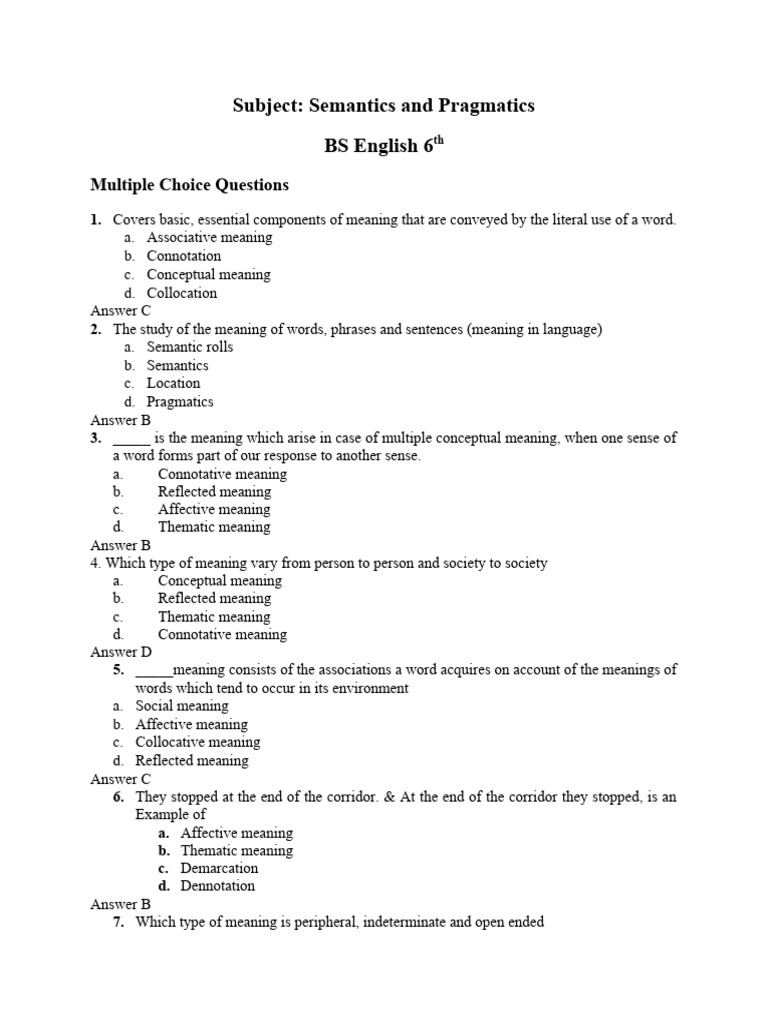 Semantics & Pragmatics MCQs Eng 6th | PDF | Syntax | Linguistics