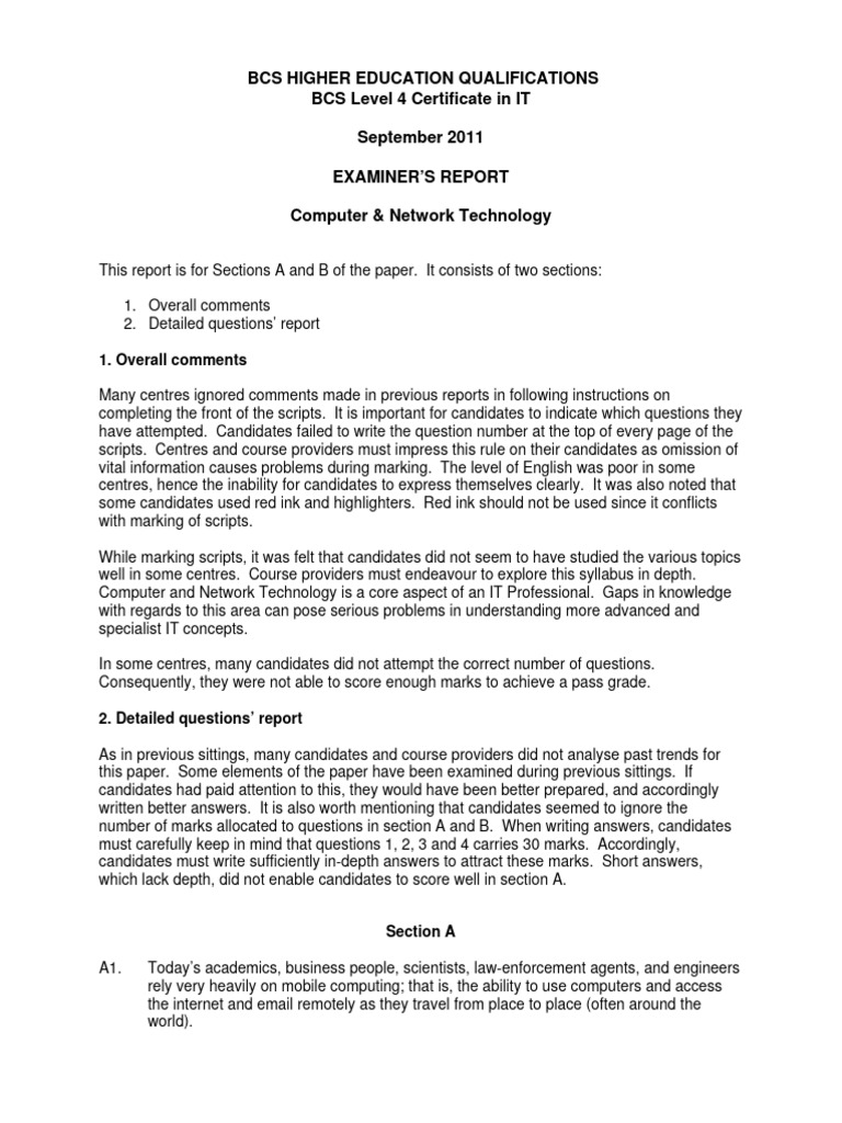 BCS Level 4 IT Examiner's Report 2011 | PDF | Computer Data Storage | Computer Network