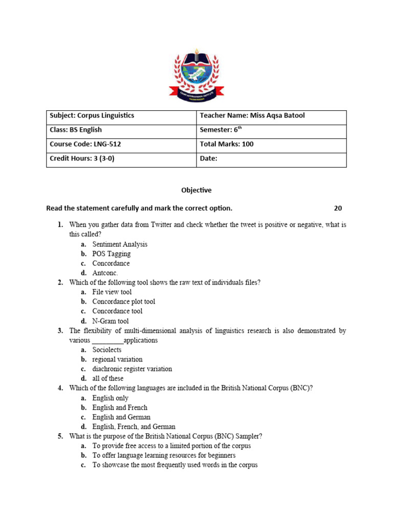 Corpus Linguistics, Eng 8th, Mid Term Exam | PDF | Linguistics | Human Communication