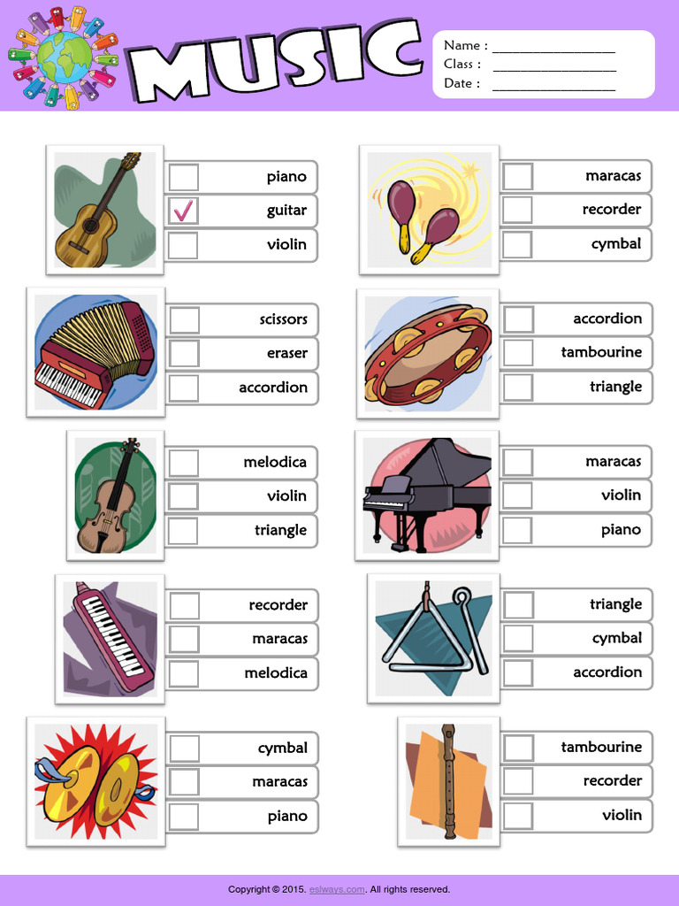 Musical Instruments Esl Vocabulary Multiple Choice Worksheet For Kids | PDF