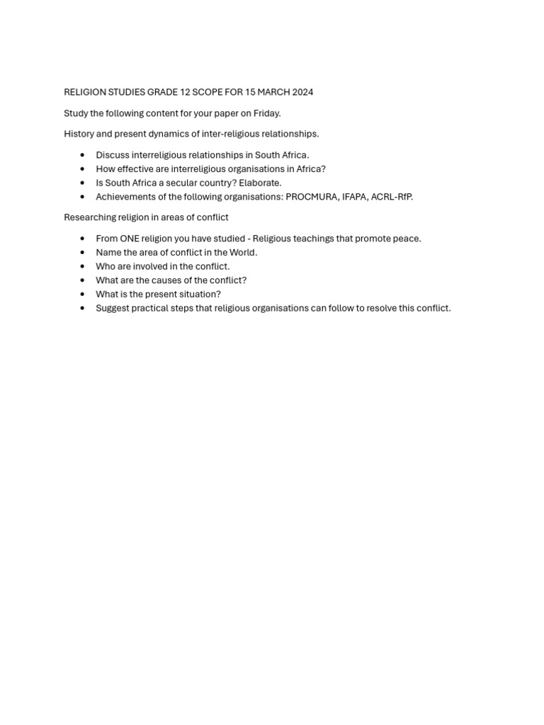 Religion Studies Grade 12 Scope For 15 March 2024 | PDF