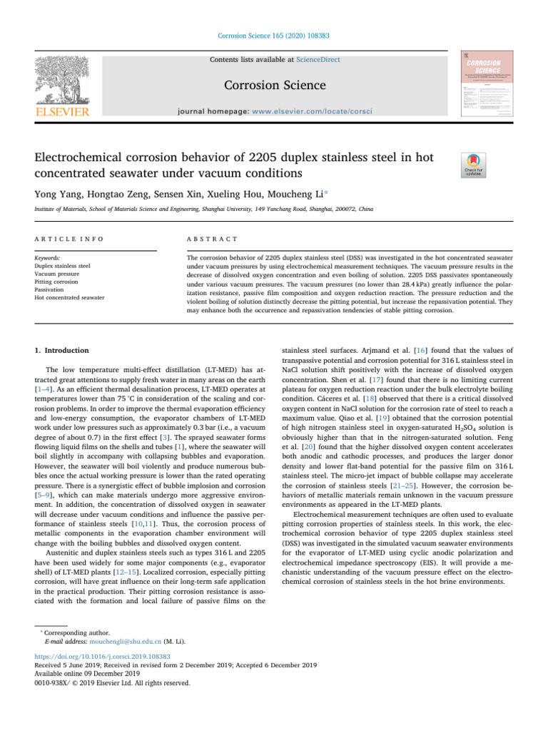 Electrochemical Corrosion Behavior of 2205 Duplex Stainless Steel in Hot Concentrated Seawater ...