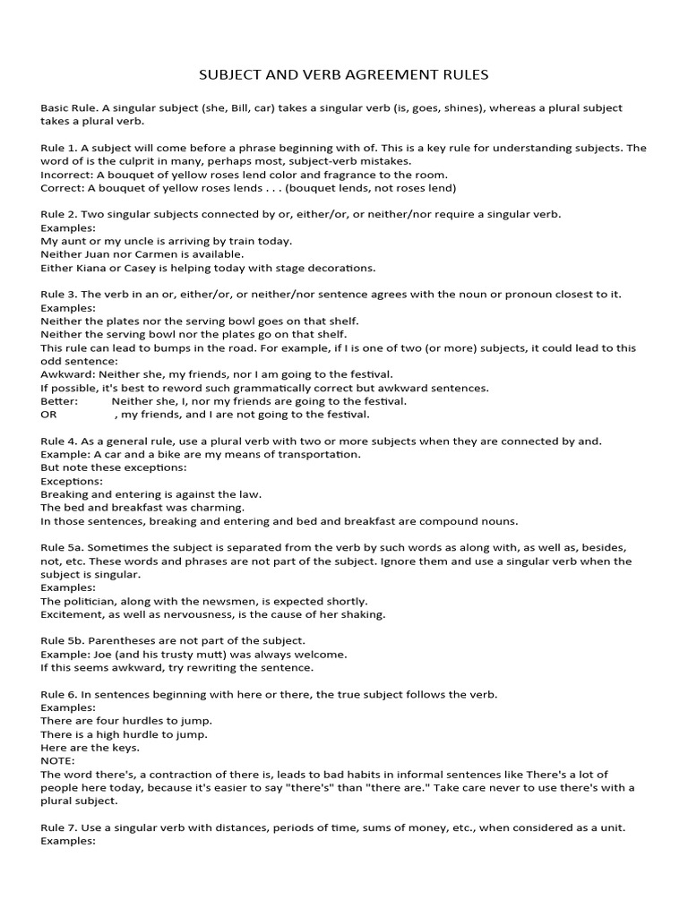 Subject and Verb Agreement Rules | PDF | Grammatical Number | Verb
