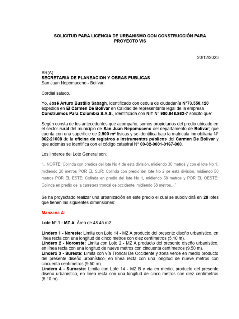 Carta de Solicitud Licencia de Subdivision | PDF