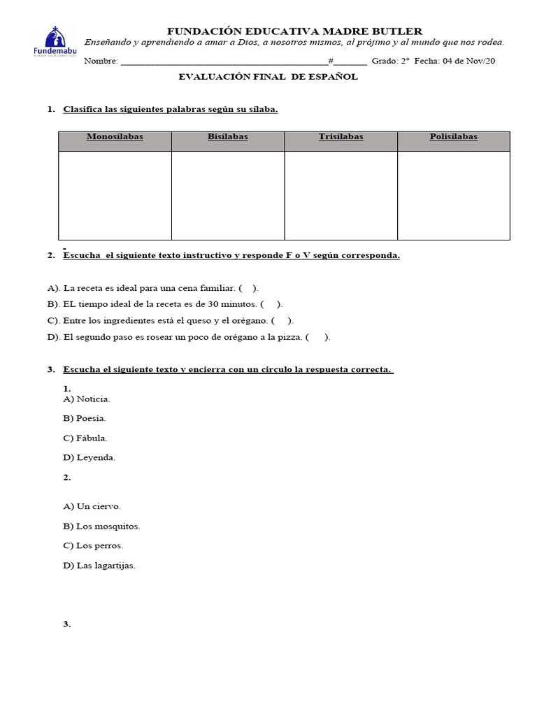 Evaluación Final de Español 2° Grado | PDF | Estudios de idiomas ...