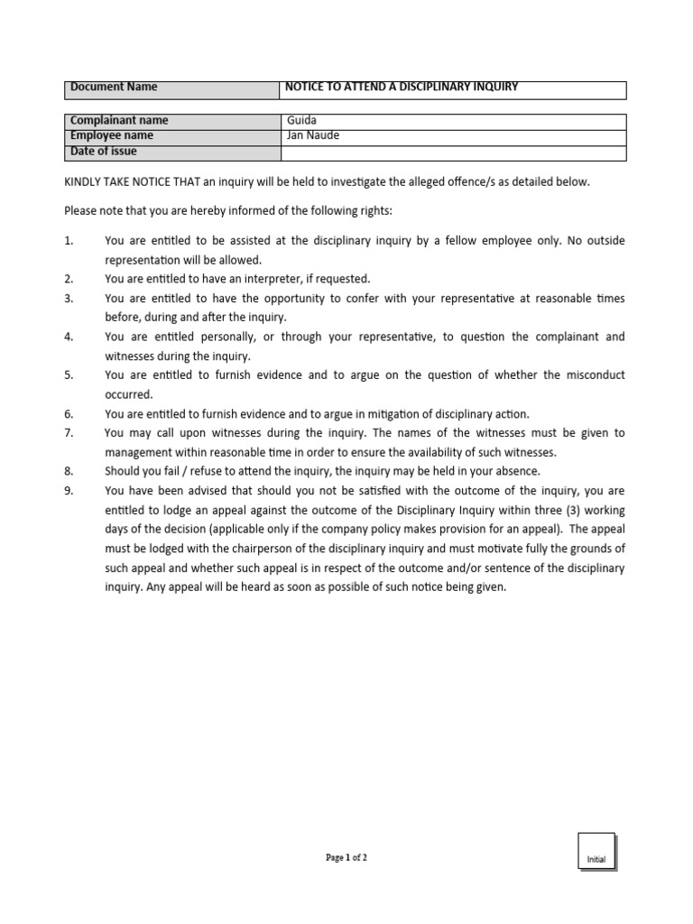 Notice To Attend Disciplinary Inquiry Jan | PDF | Justice | Crime ...